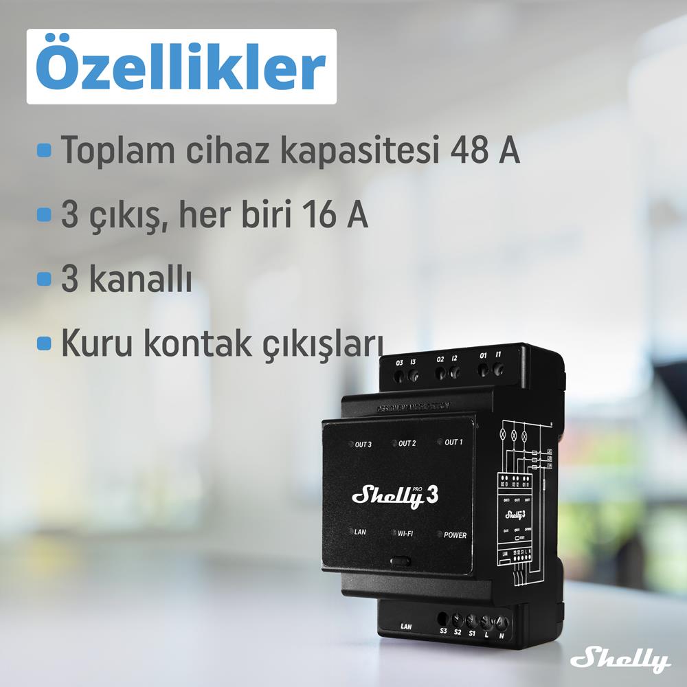 Shelly Pro 3 DIN Ray 3 Kanal Akıllı Röle